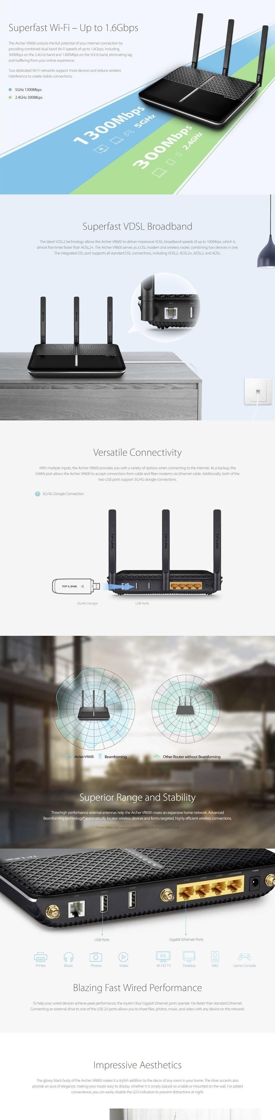 TP-Link Archer VR600 AC1600 WiFi Wireless Gigabit ADSL VDSL NBN Modem ...