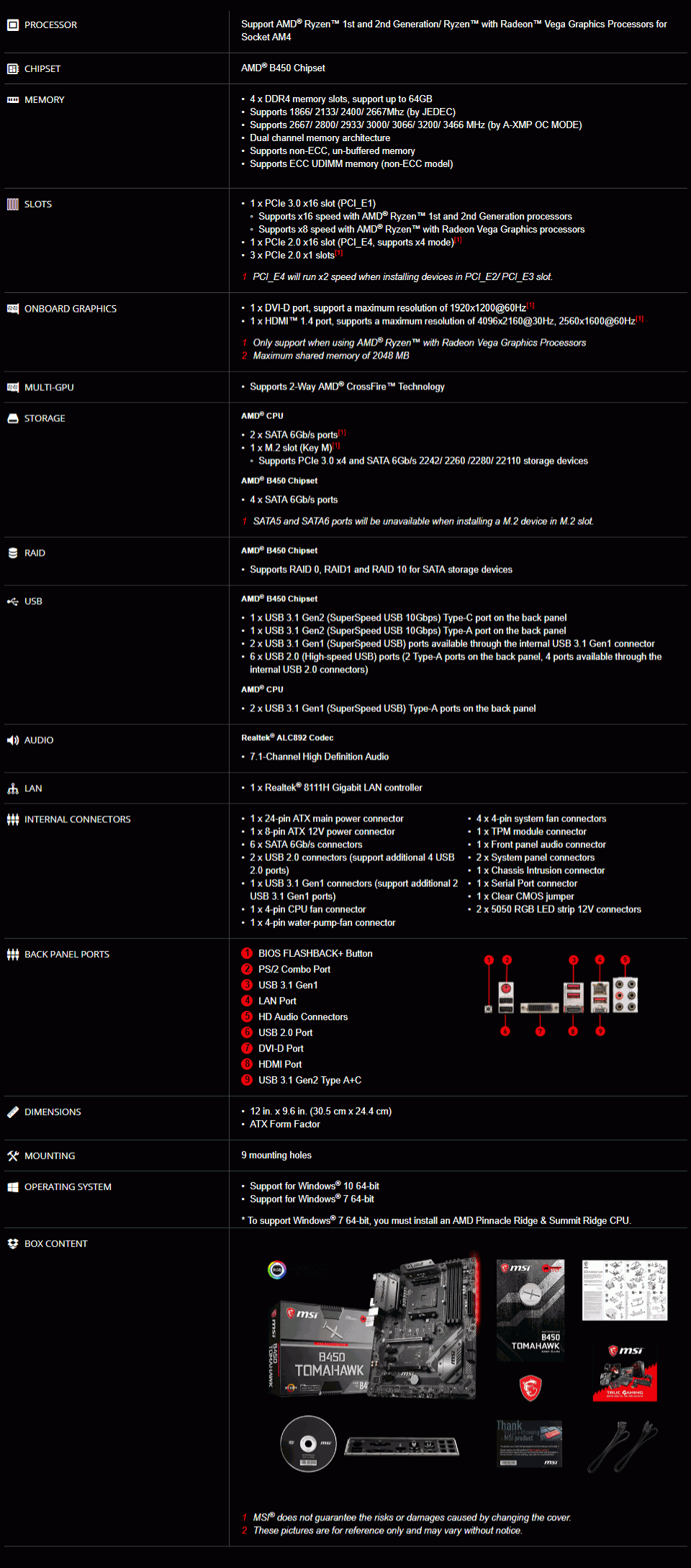 MSI B450 Tomahawk ATX Motherboard AMD Ryzen AM4 DDR4 M.2 HDMI DVI ...