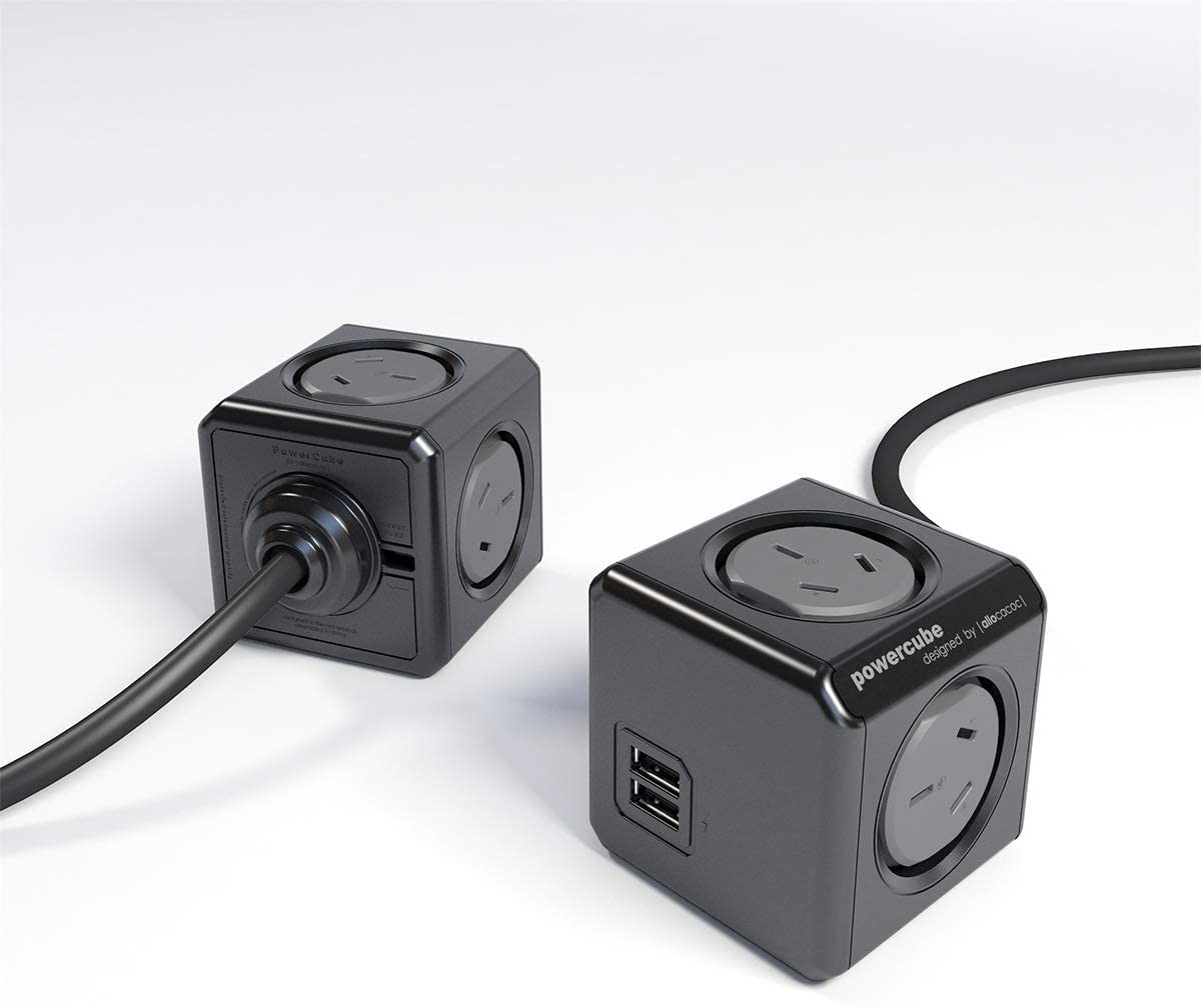 ALLOCACOC POWERCUBE Extended USB 4xOutlets+2 USB, 3M W/SURGE in Black ...