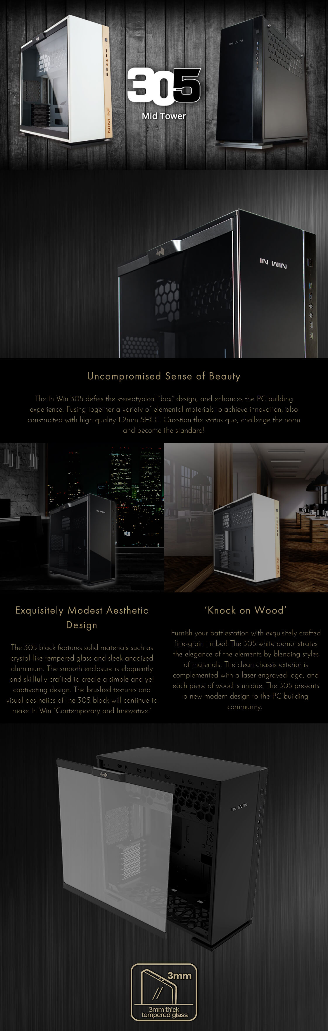 In Win 305 Black Mid Tower ATX Case, Tempered Glass Window, NO PSU - PC ...